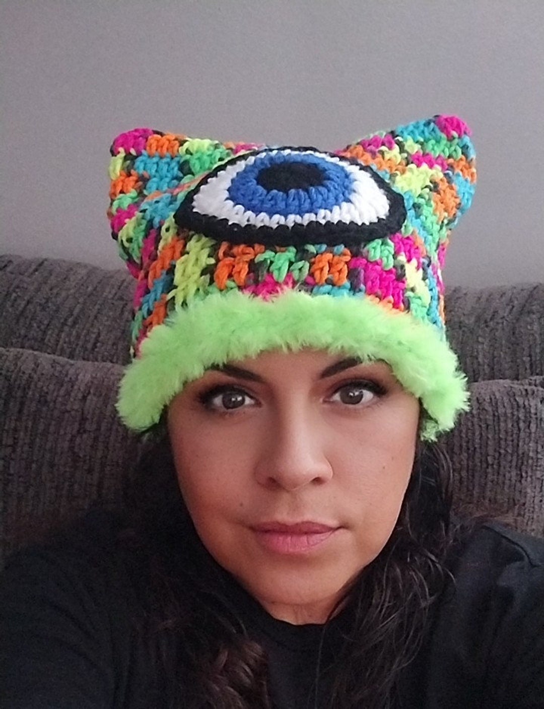 Fuzzy Crochet Rainbow Neon Cat Hat Adult Size Festival Cat - Etsy