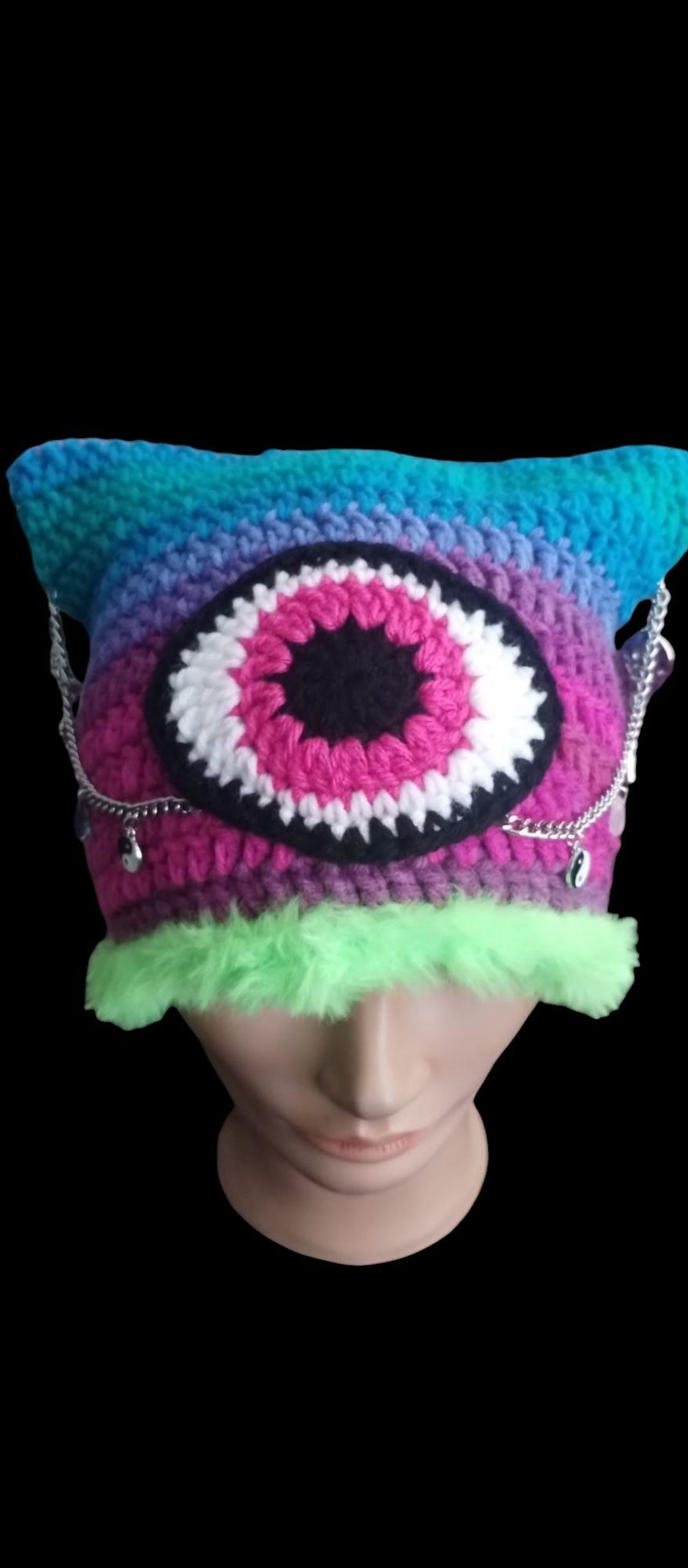 Fuzzy Crochet Rainbow Cat Hat Adult Size Festival Cat Hat Psychedelic ...