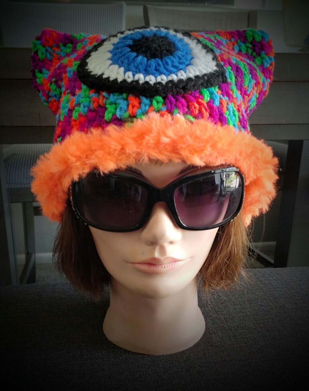Fuzzy Crochet Rainbow Neon Cat Hat Adult Size Festival Cat Hat ...