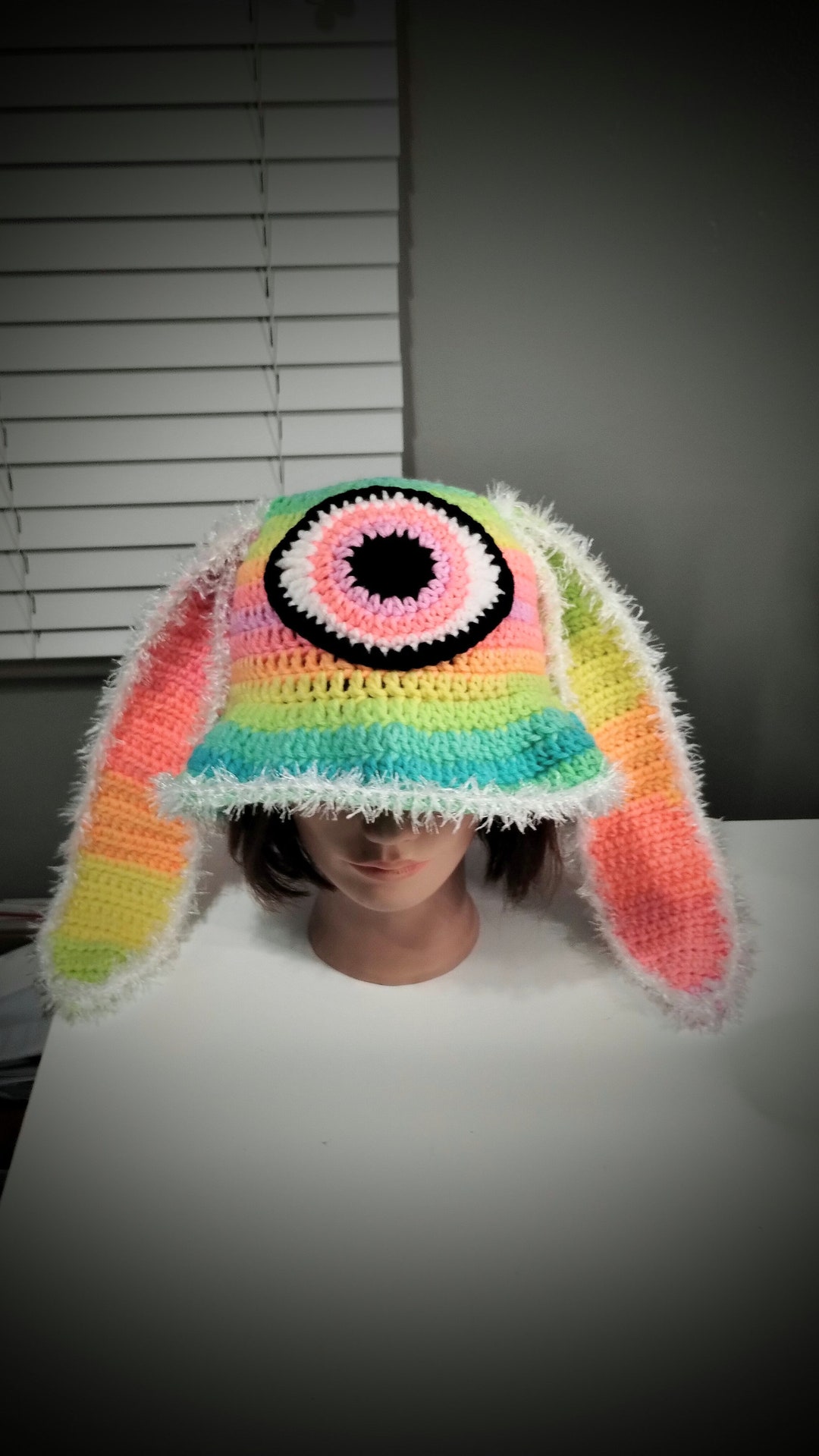 Fuzzy Third Eye Crochet Bunny Ear Bucket Hat Adult Size Festival Bucket ...