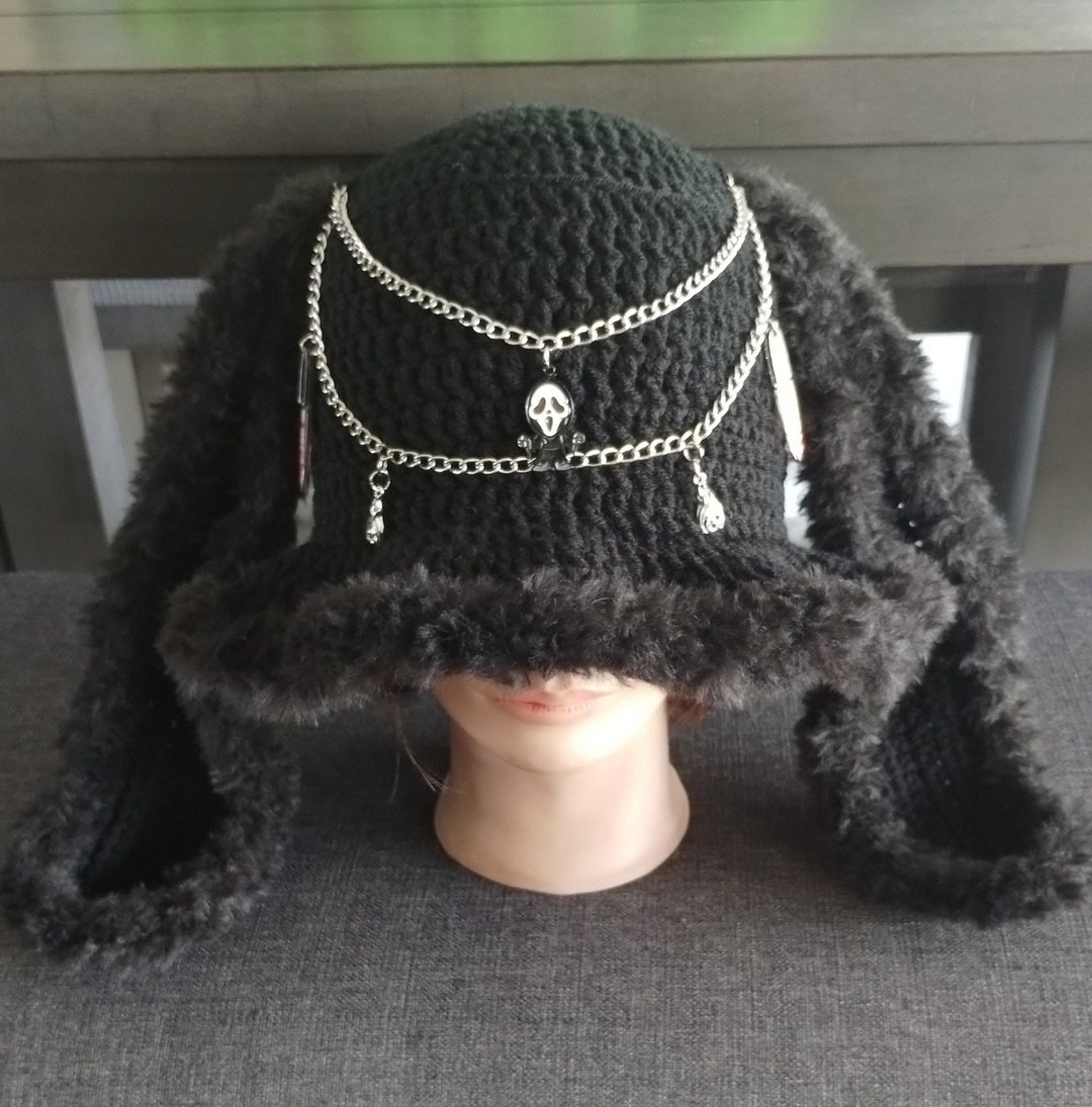 Fuzzy Crochet Ghostface Bunny Ear Bucket Hat Adult Size Festival Bucket ...