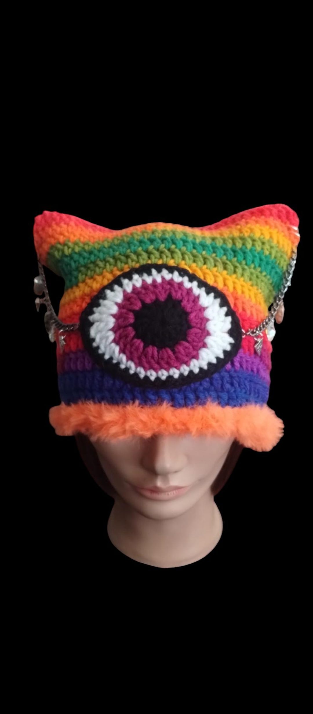 Fuzzy Crochet Rainbow Cat Hat Adult Size Festival Cat Hat Psychedelic ...
