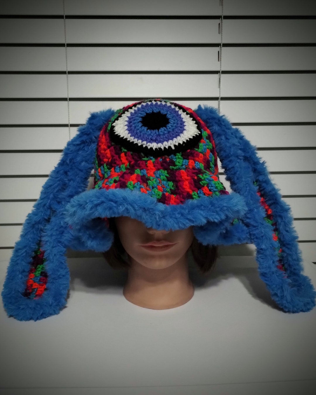 Fuzzy Third Eye Crochet Bunny Ear Bucket Hat Adult Size Festival Bucket ...