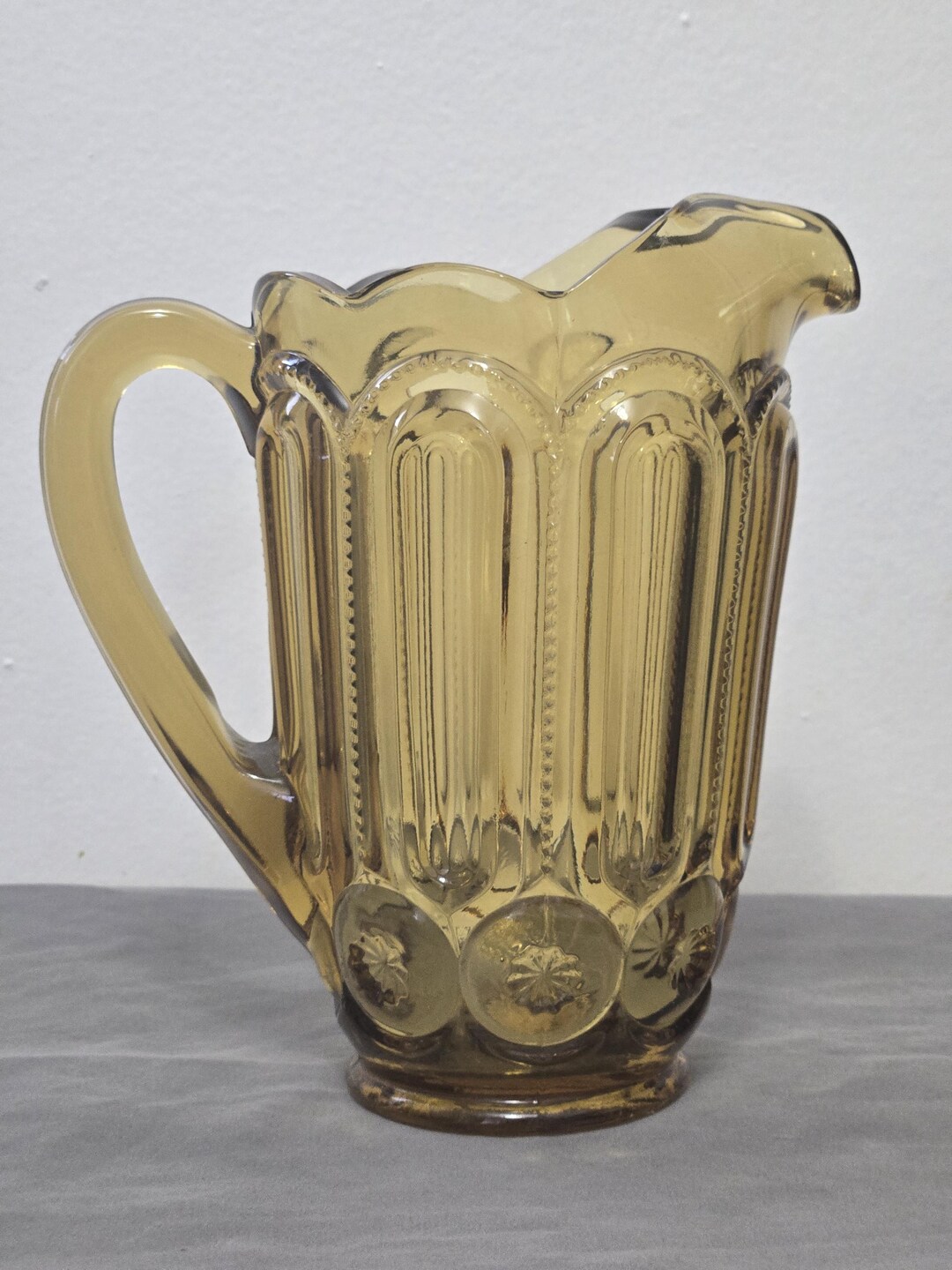 Vintage LE Smith Amber Glass Pitcher: Moon and Stars, Mid-century ...