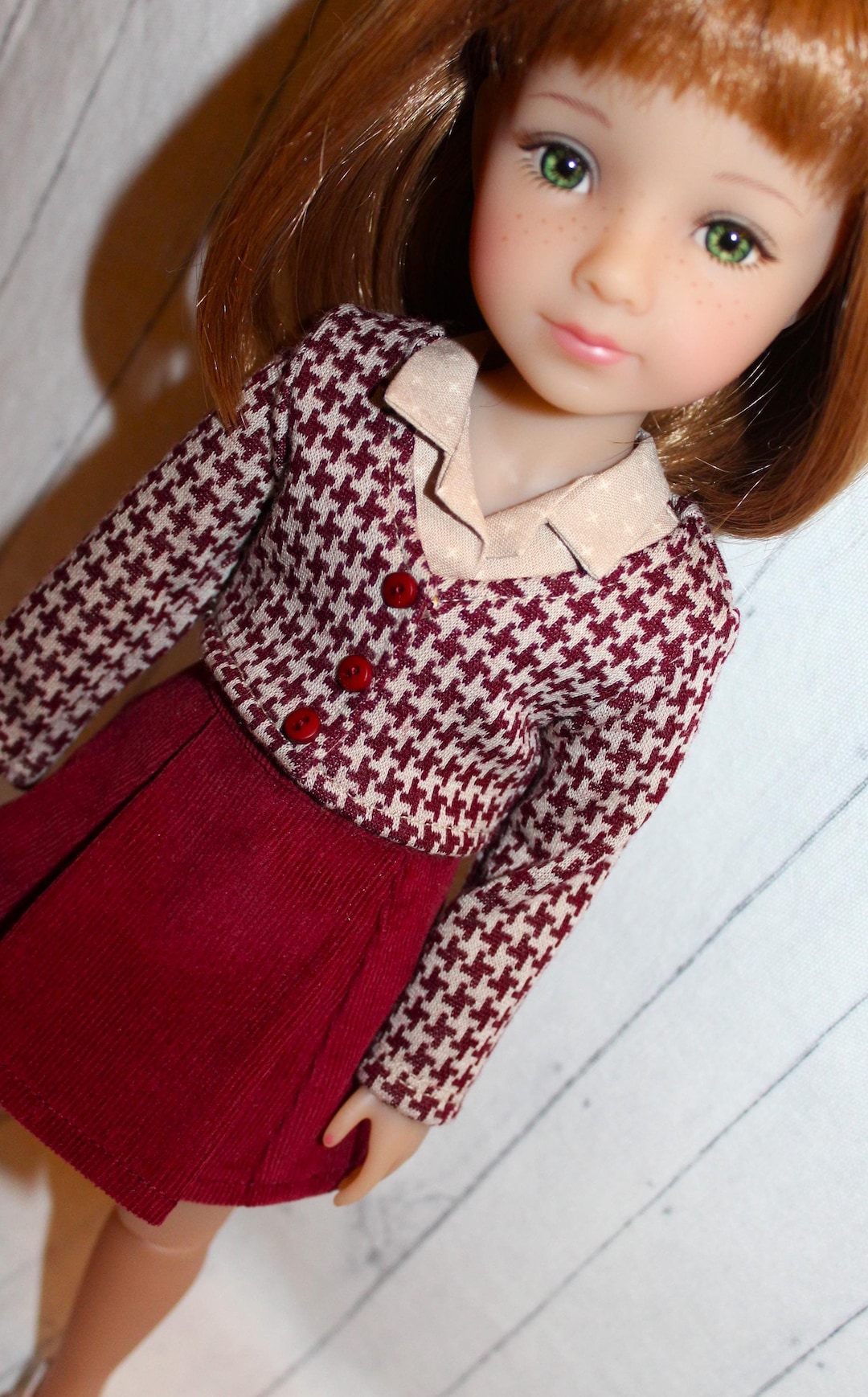 15 Inch Doll like Ruby Red FF Maroon & Tan Houndstooth Jacket, Maroon Corduroy Skirt and Tan ...