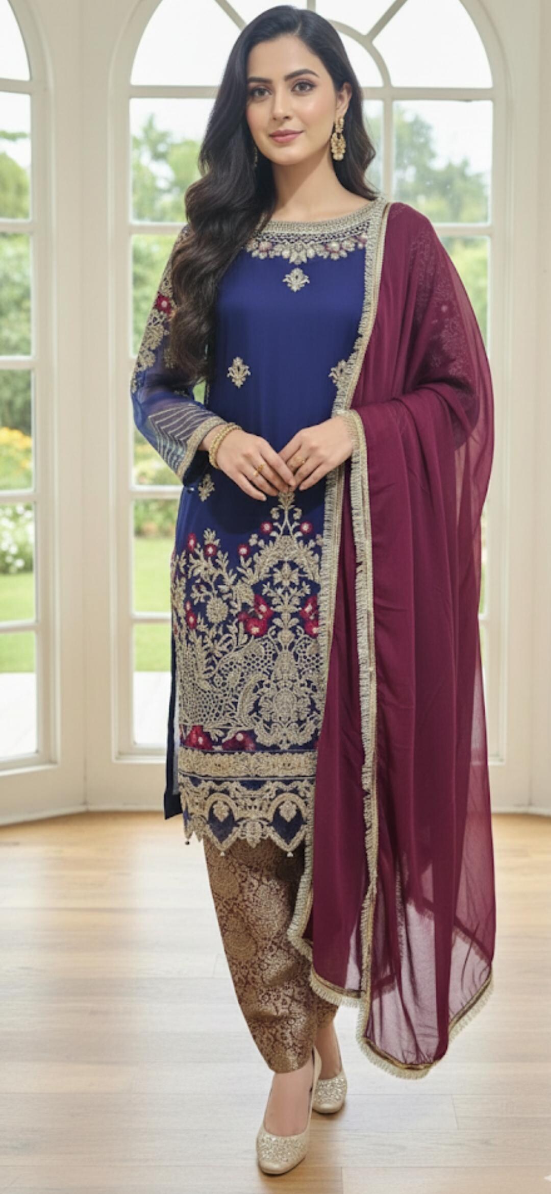 Pakistani Dress Gold Embroidered Chiffon Salwar Kameez Jamawar Trousers ...