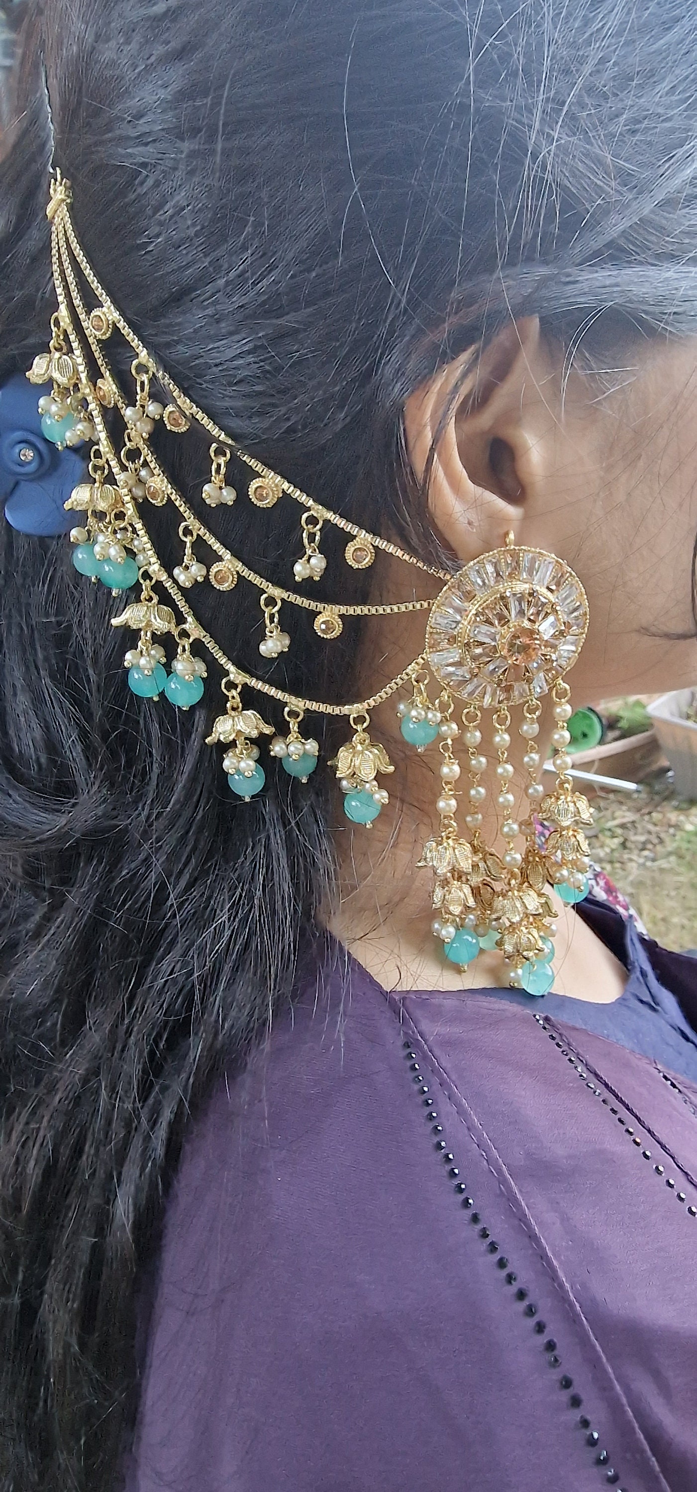 Earrings for Wedding With Side Chain Bahubali Style Gold and Blue Pakistani Jewelry Etsy