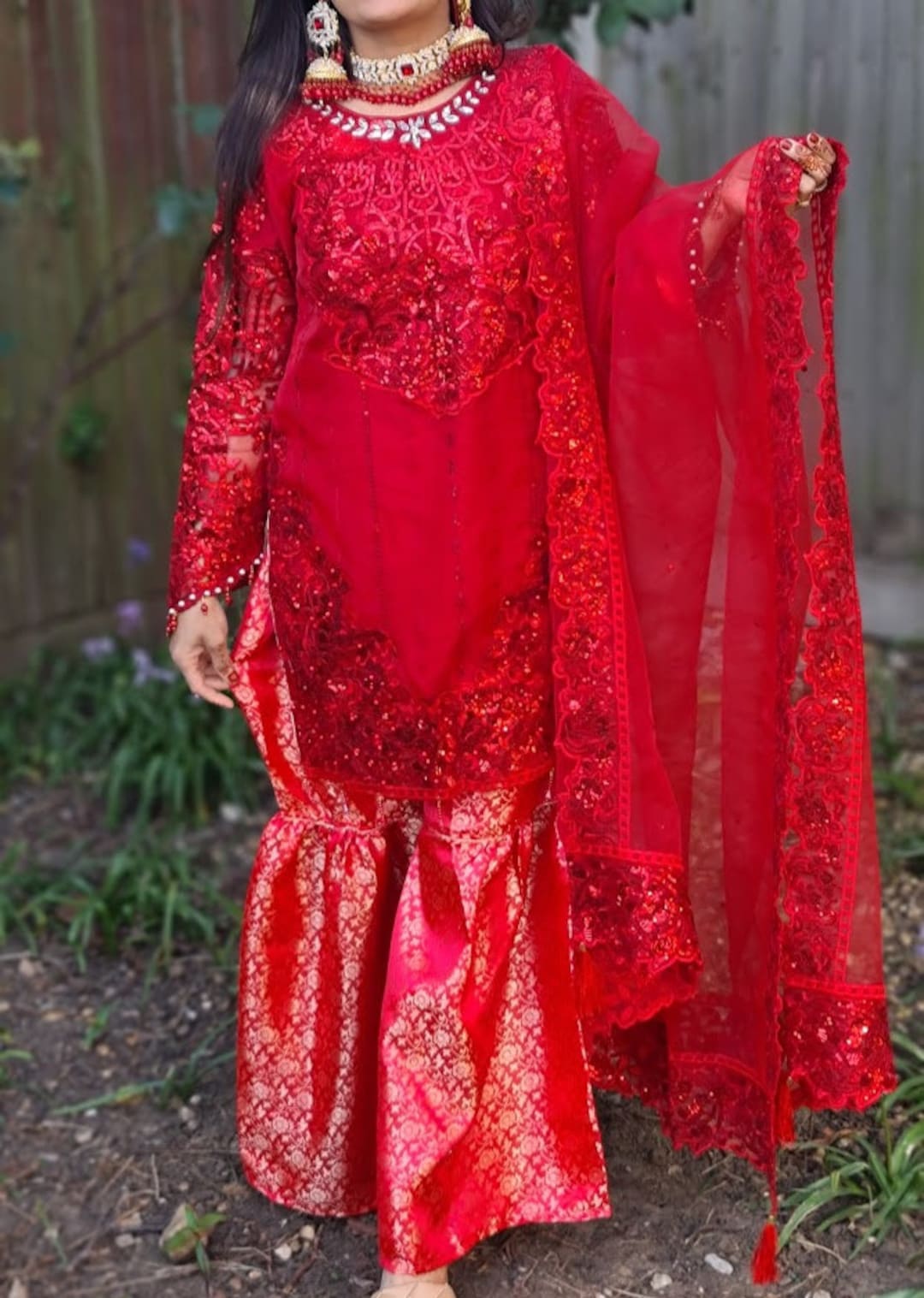 Red Pakistani Garara Dress, Embroidered Net Shawl, Readymade Suit - Etsy