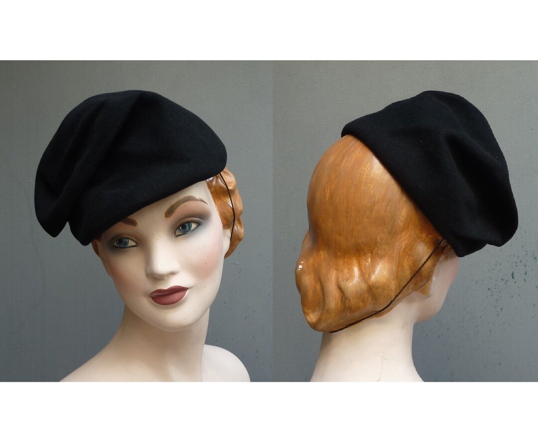 Vintage 1940s Black Felt Toque Hat Chimney Turban Slouchy Fez 30s 40s ...