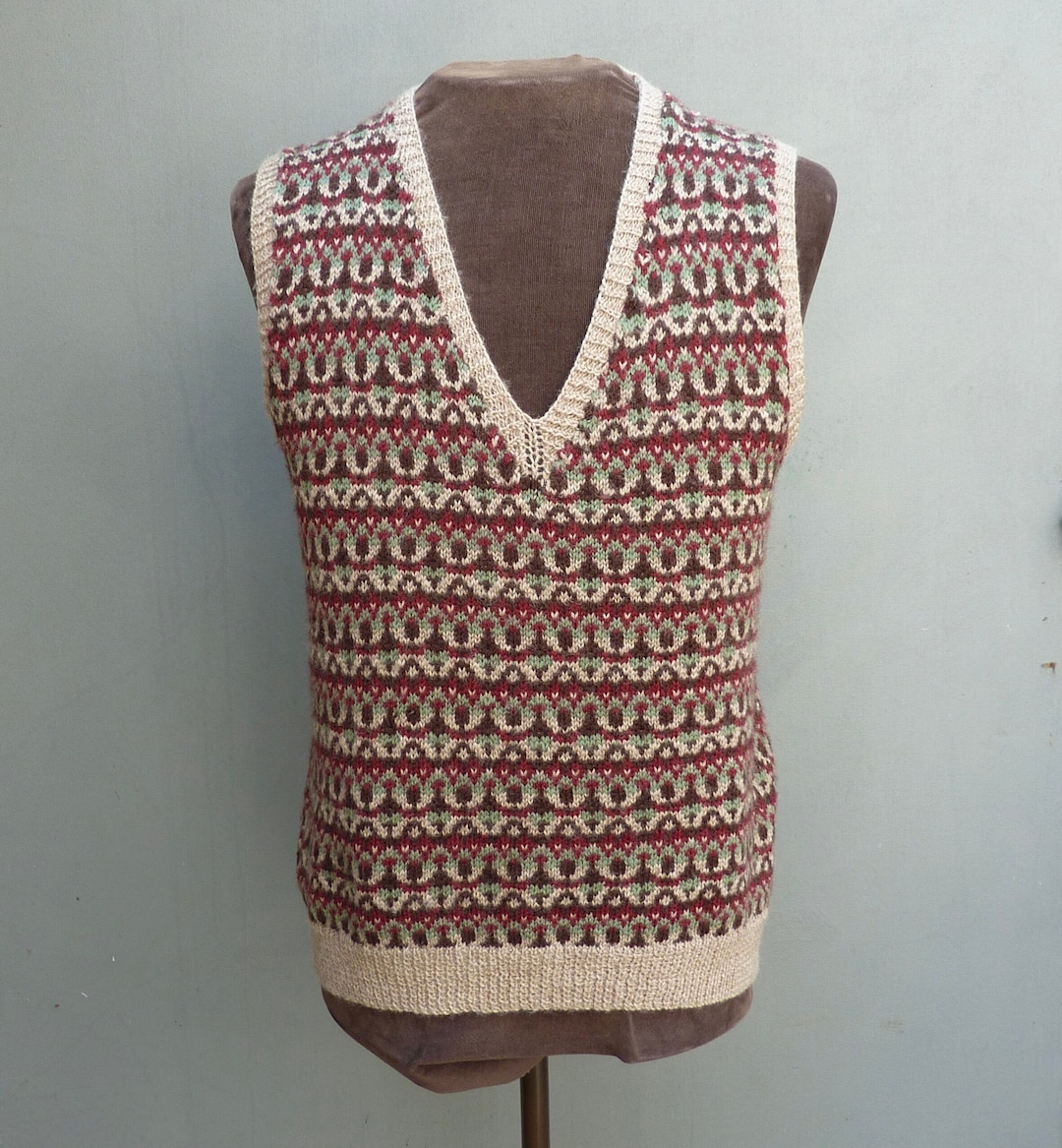 Vintage Hand Knitted Fair Isle Slipover Sweater Vest Green - Etsy