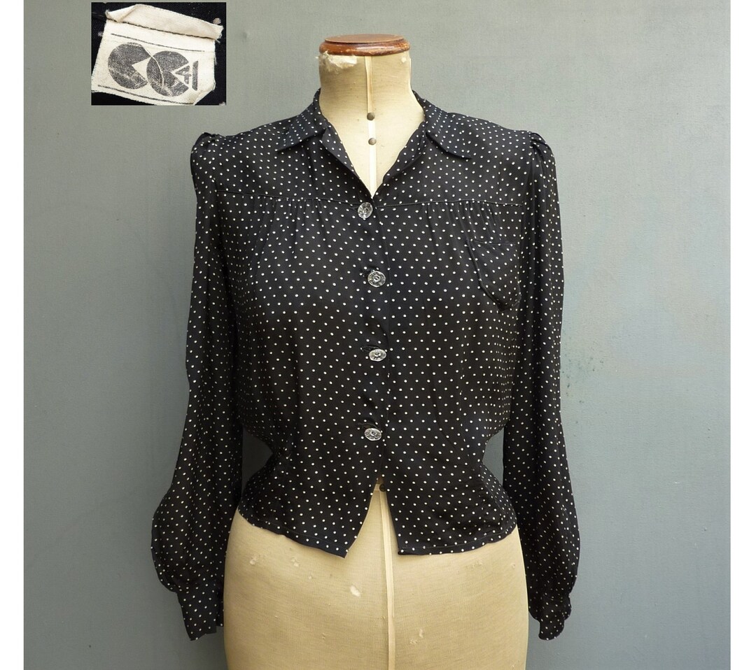 Rare CC41 Original Vintage 1940s Black Rayon Blouse Spotty Polka Dot ...