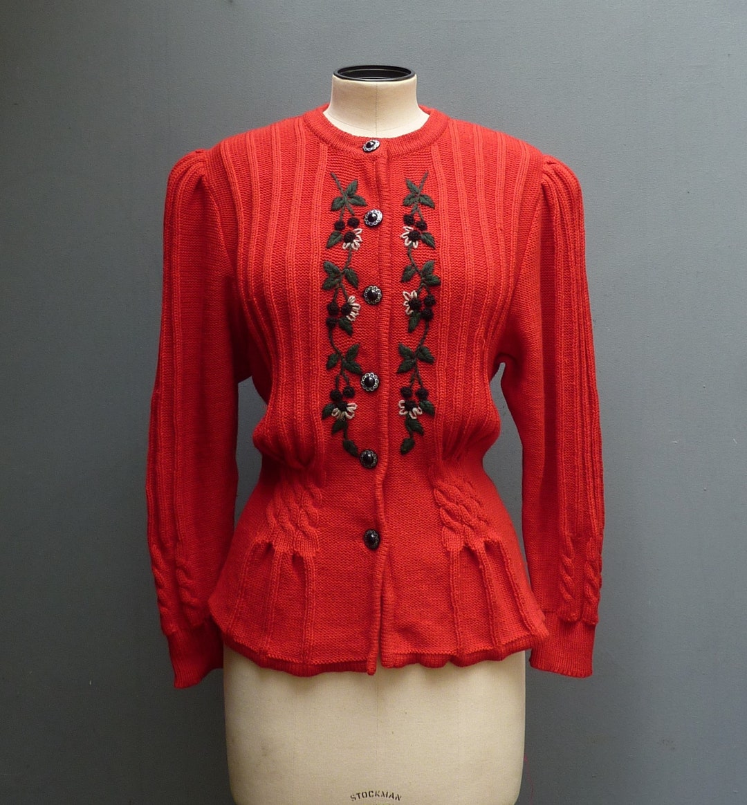 Vintage Floral Embroidered Red Wool Cardigan Knitted Jacket - Etsy