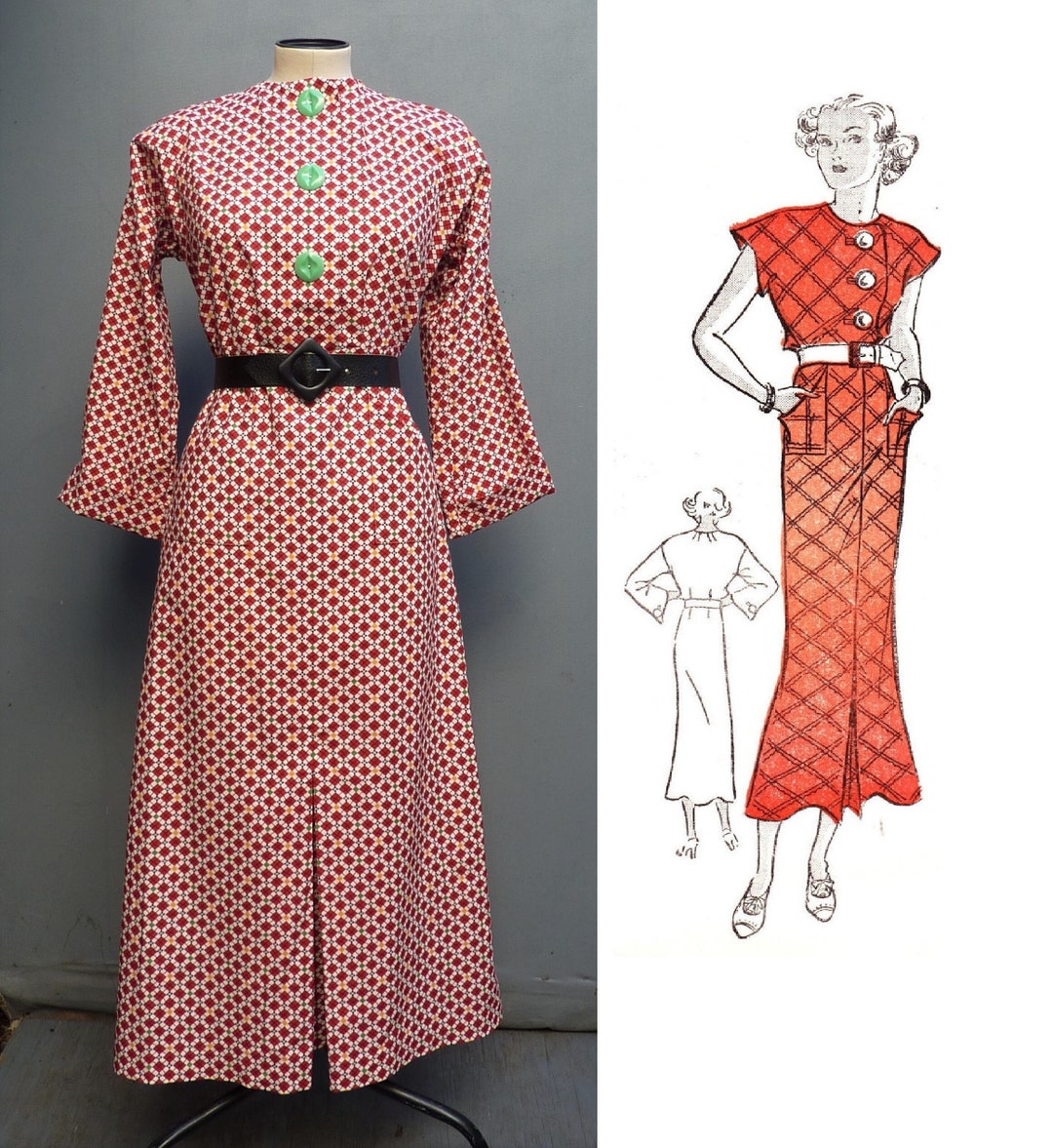 Vintage Reproduction 1930s Dress Printed Cotton Handmade From Original ...