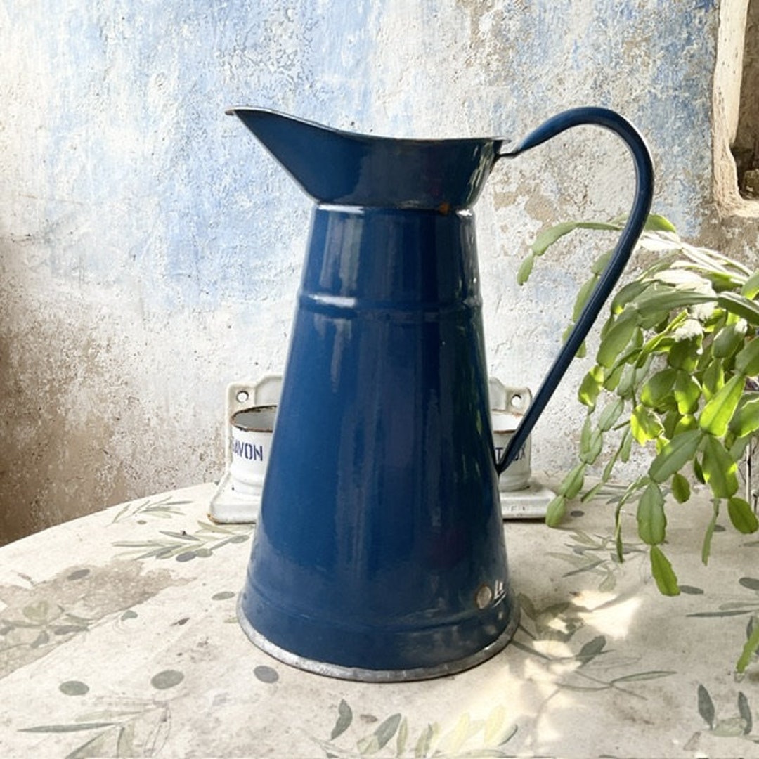 Vintage, French, Blue, Enamel, Jug, Water Pitcher, Flower Vase, Shabby ...