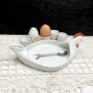 1970s, French, APILCO, Porcelain, 4 Egg Cup Set, Salt Shaker, Serving ...