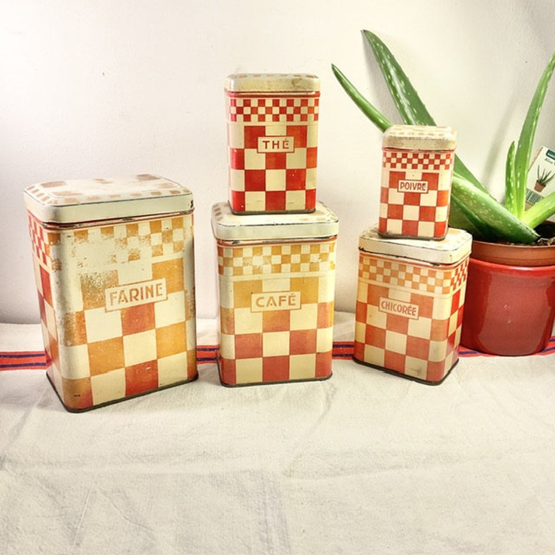 1930s, French, LUSTUCRU, Metal, Kitchen Canister Set, Red and White ...