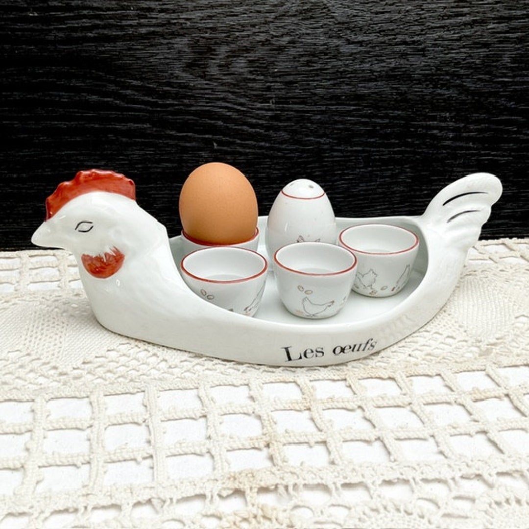 1970s, French, APILCO, Porcelain, 4 Egg Cup Set, Salt Shaker, Serving ...