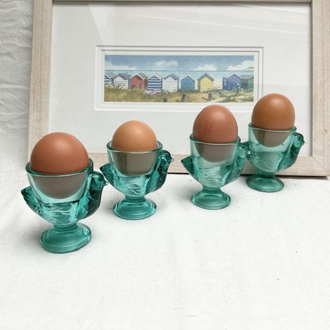 Set of 4 1980s, French, Arcoroc, Turquoise Glass, Egg Cups, Chicken Shaped, Easter Gift ...