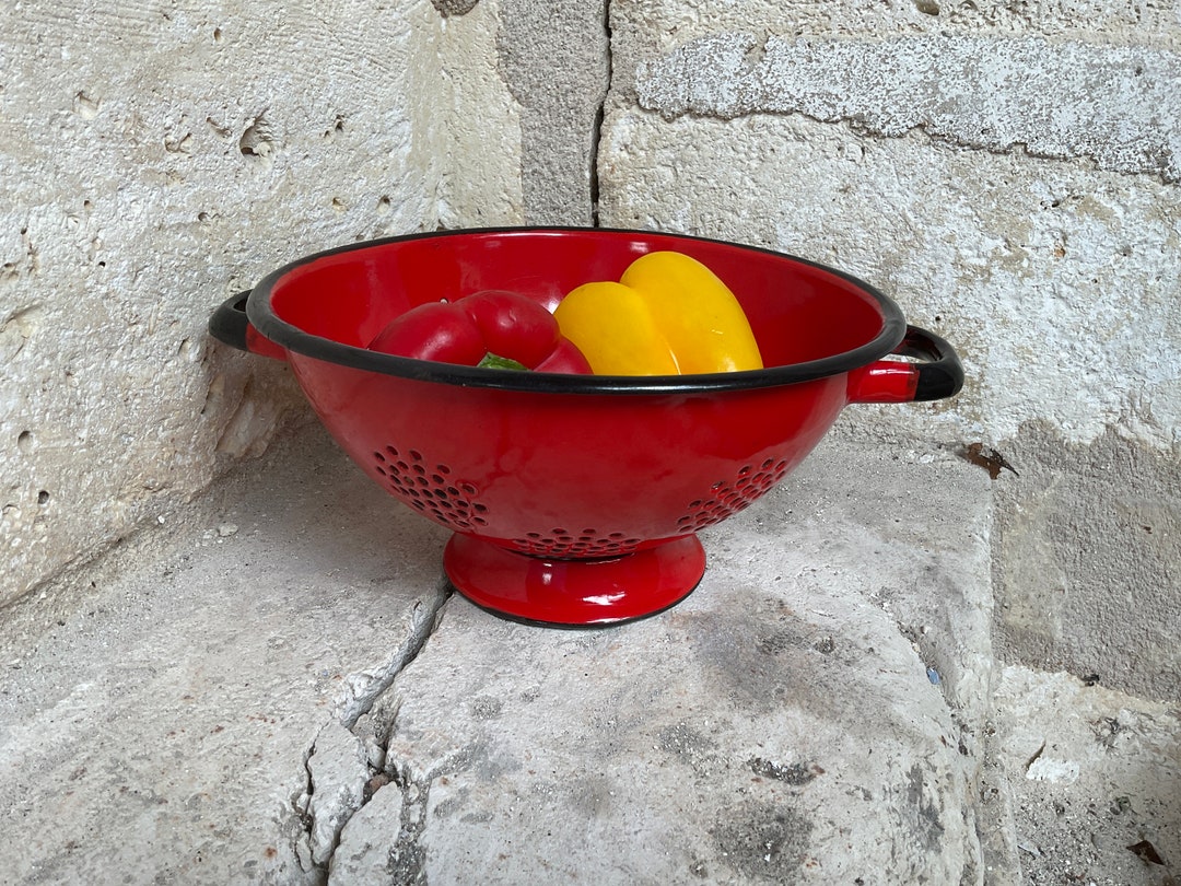 Vintage French, Red Enamel Sieve, Red Enamel Colander, Vintage Red ...