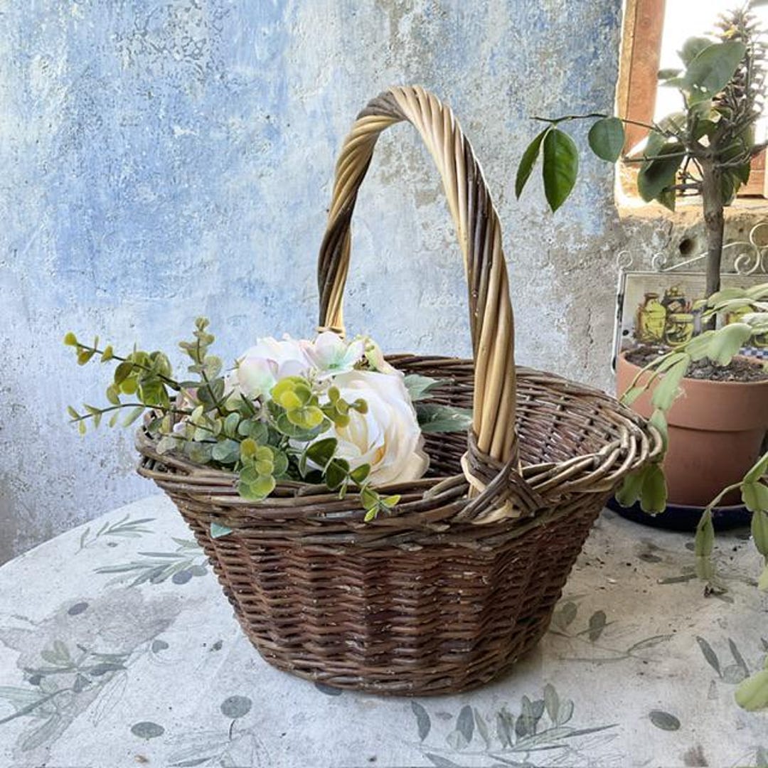 Vintage, French, Hand Made, Round Basket, Two Tone, Wicker and Willow ...
