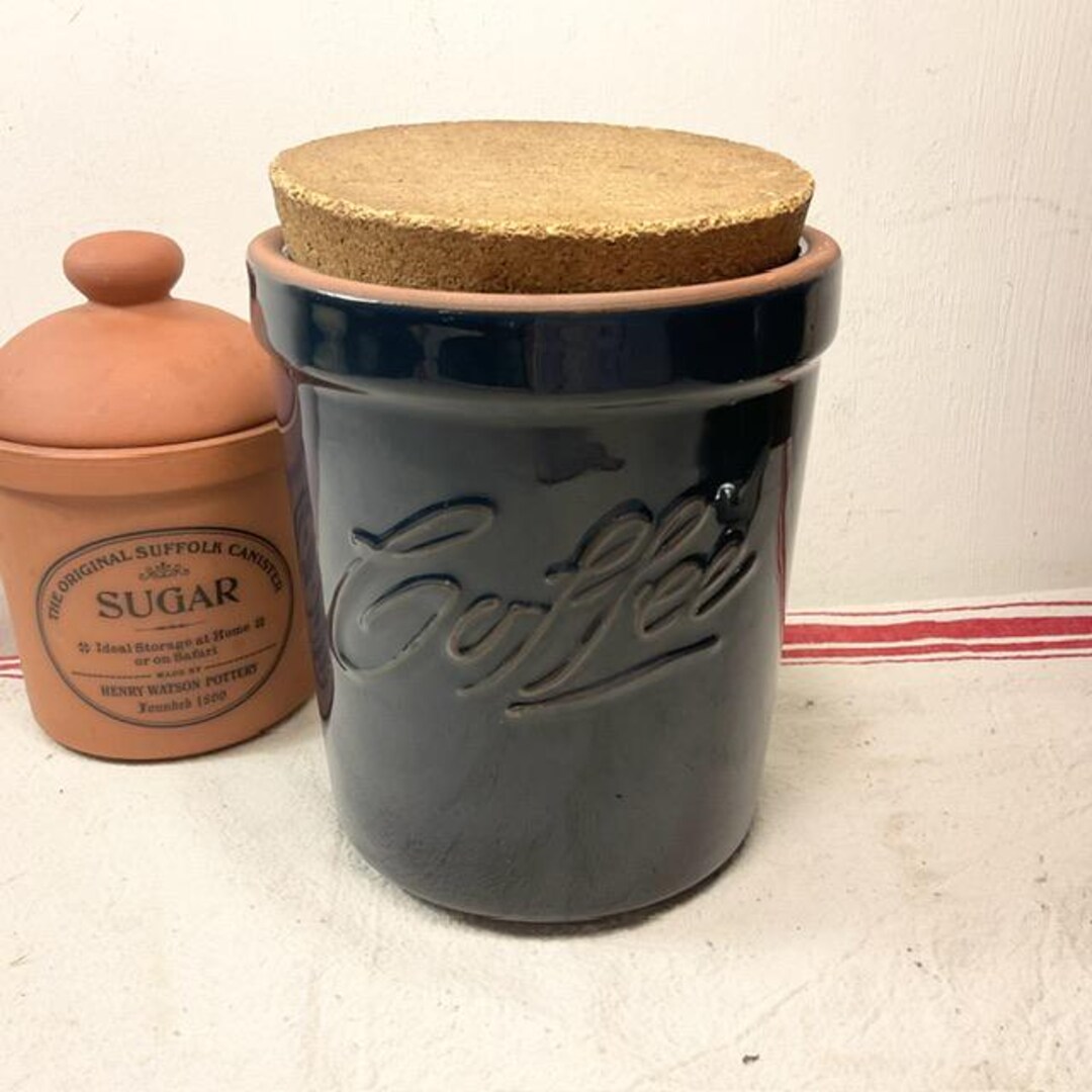 Vintage, Rayware, Blue Glazed, Terracotta, Coffee Canister, Cork Lid ...