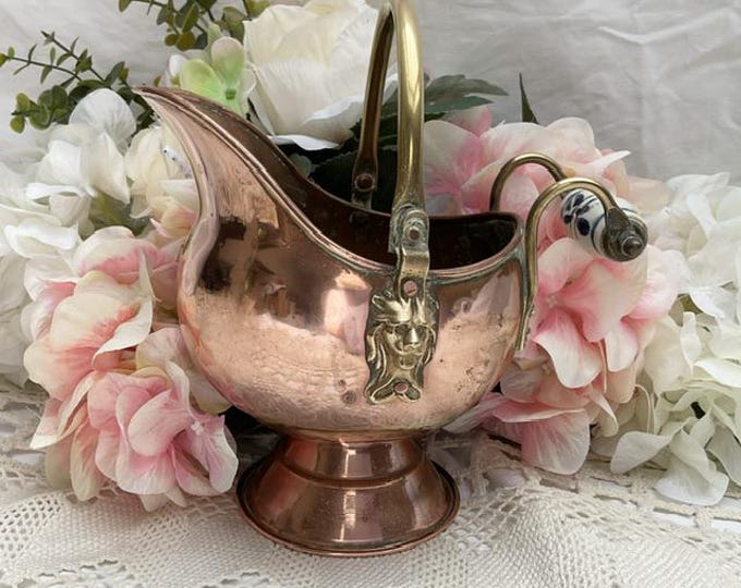 Small, Vintage, Copper and Brass, Coal Scuttle, Planter, Delft Handle ...