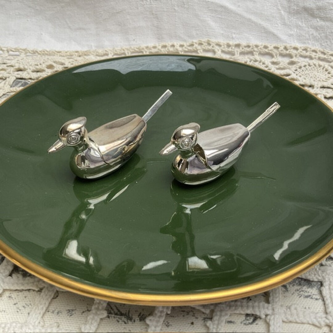 2 X Vintage, French, SILEA, Silver Metal, Salt Cellars and Spoons, Duck ...