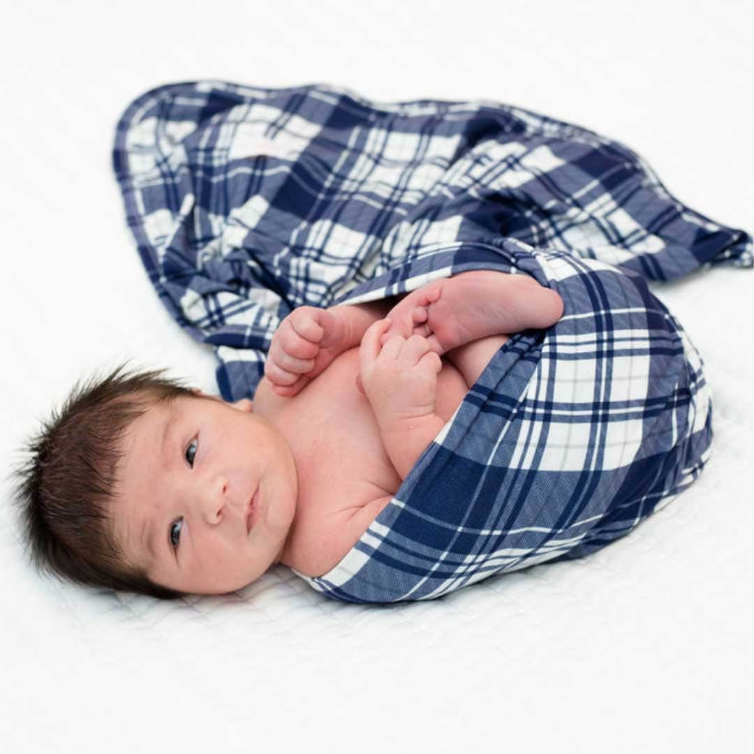 Blue Plaid Stretchy Baby Swaddle, Newborn Bamboo Blanket, Oversized ...