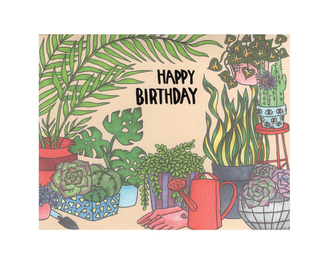 Happy Birthday Plant Lover Illustrated Greeting Card - Etsy
