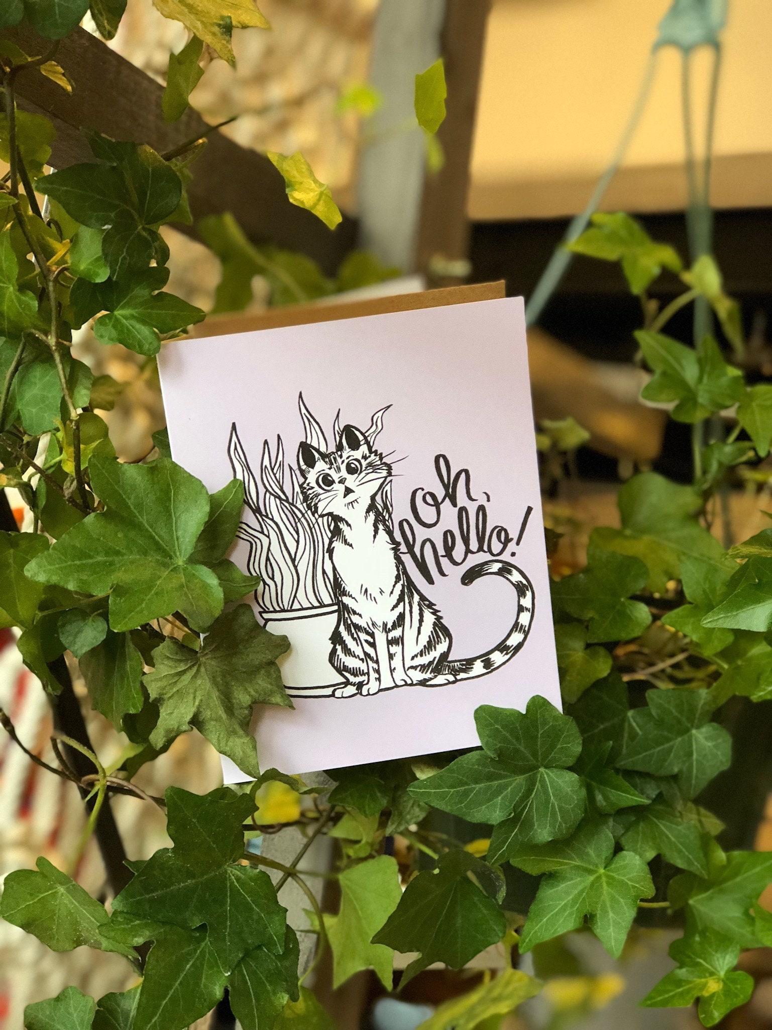 Oh Hello Tabby Cat and Plant Illustrated Greeting Card - Etsy
