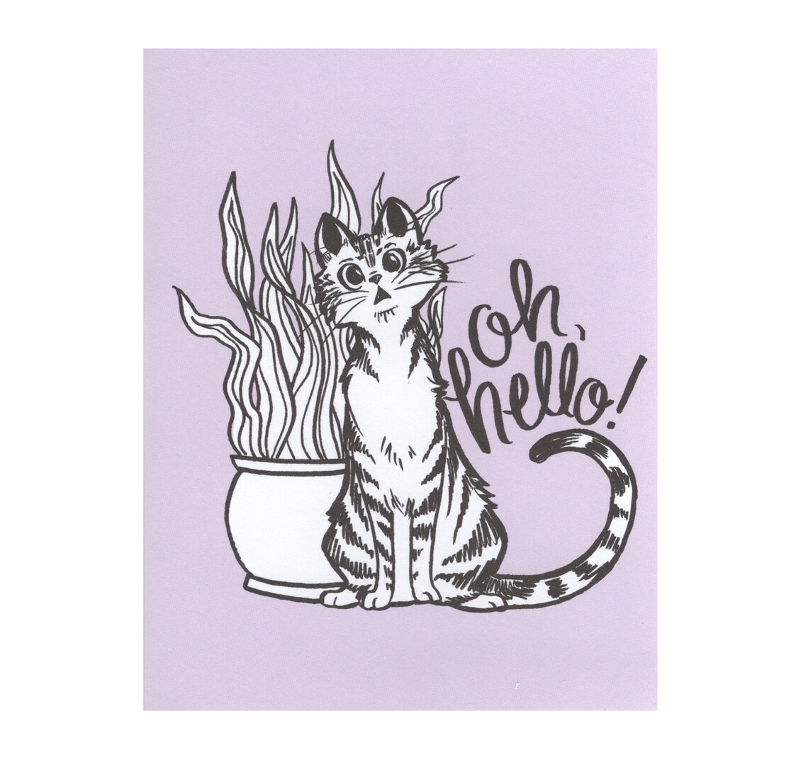 Oh Hello Tabby Cat and Plant Illustrated Greeting Card - Etsy