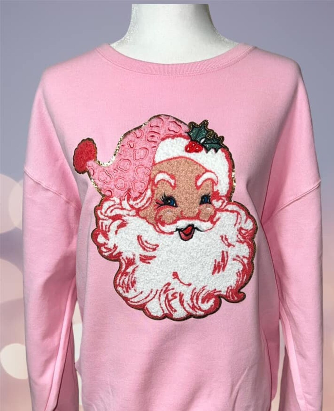 Pink Leopard Cheetah Santa iron On Chenille Patch Sweatshirt Girl Friend trendy bling christmas ...