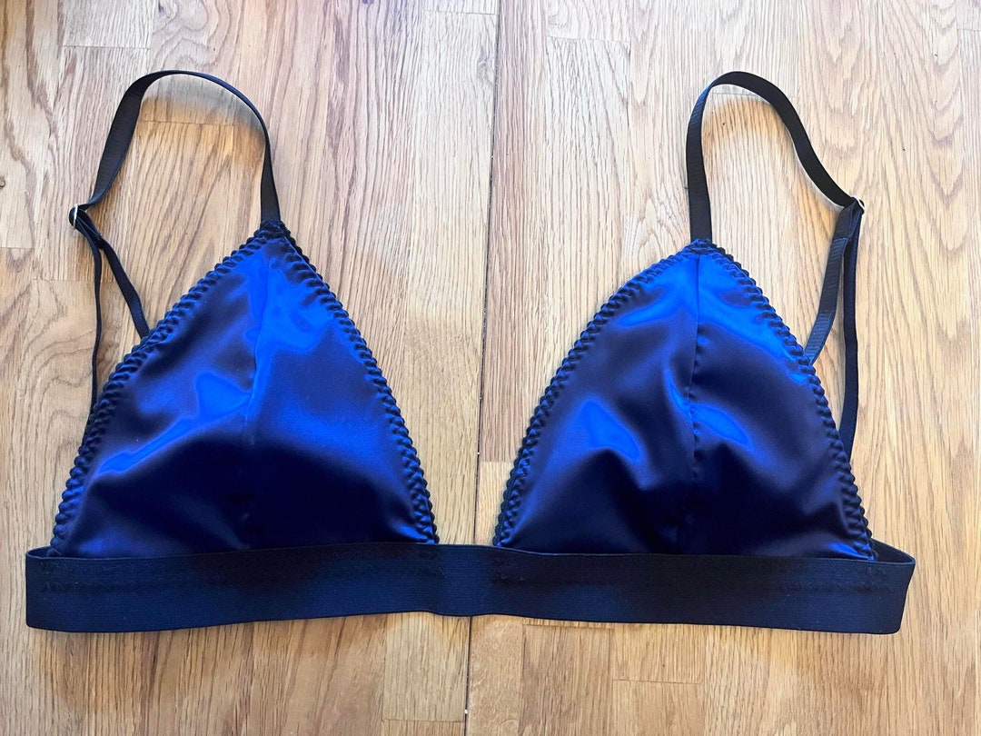 Navy Blue Stretch Satin Triangle Bra With Black Elastic Underband ...