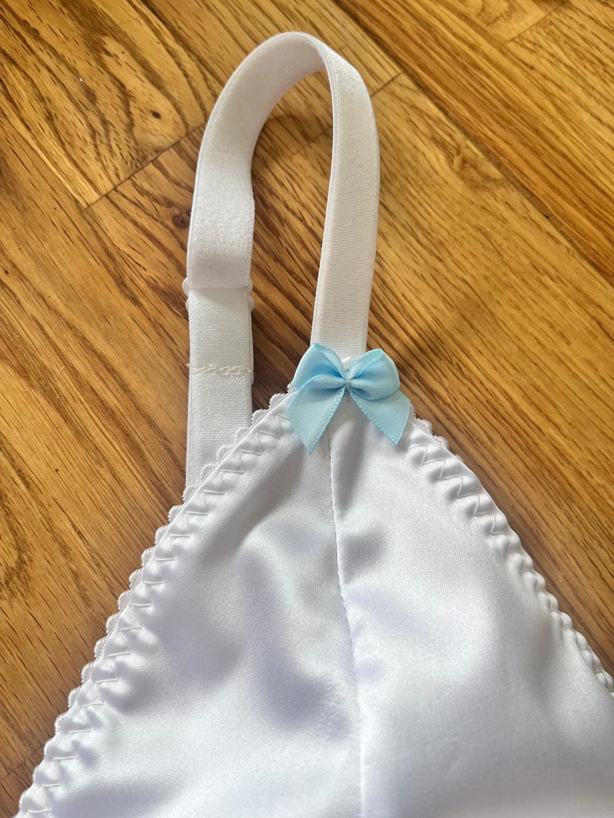 Women's White Satin Triangle Bra and Thong Lingerie Set With Satin Blue ...