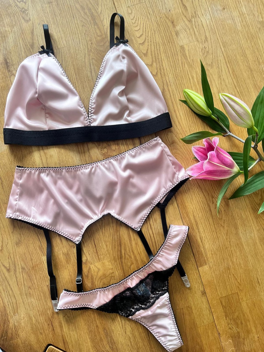 Womens Soft Pink Satin Lingerie Set Triangle Bralette Suspender Belt