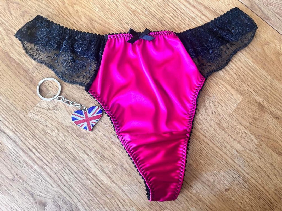 Valentines Day Gift Idea Women's Hot Pink Satin Thong With Scalloped ...