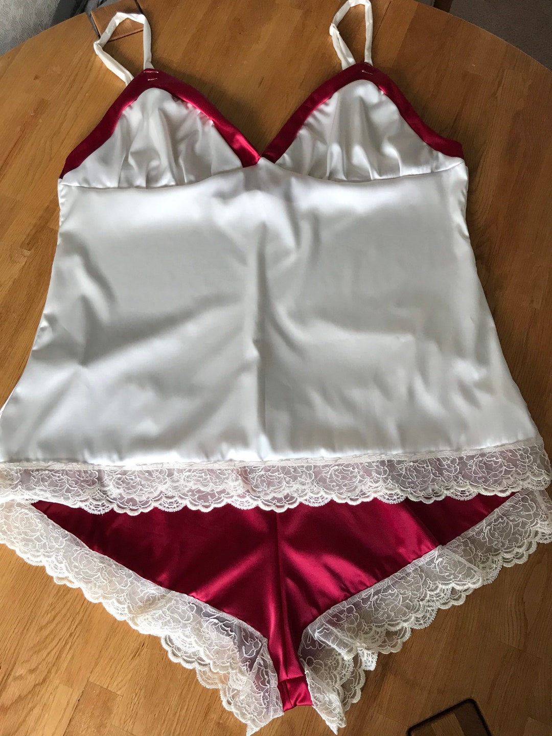 Harmony Cami Set in a Soft Ivory Boselli Satin With Ruby Red Trim and ...