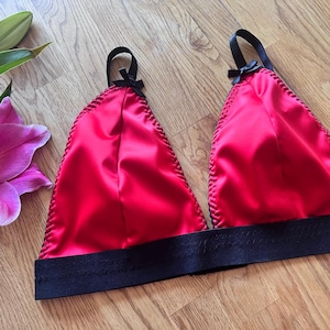 Women's Red Lingerie Satin Triangle Bra and Matching Red Thong Lingerie ...