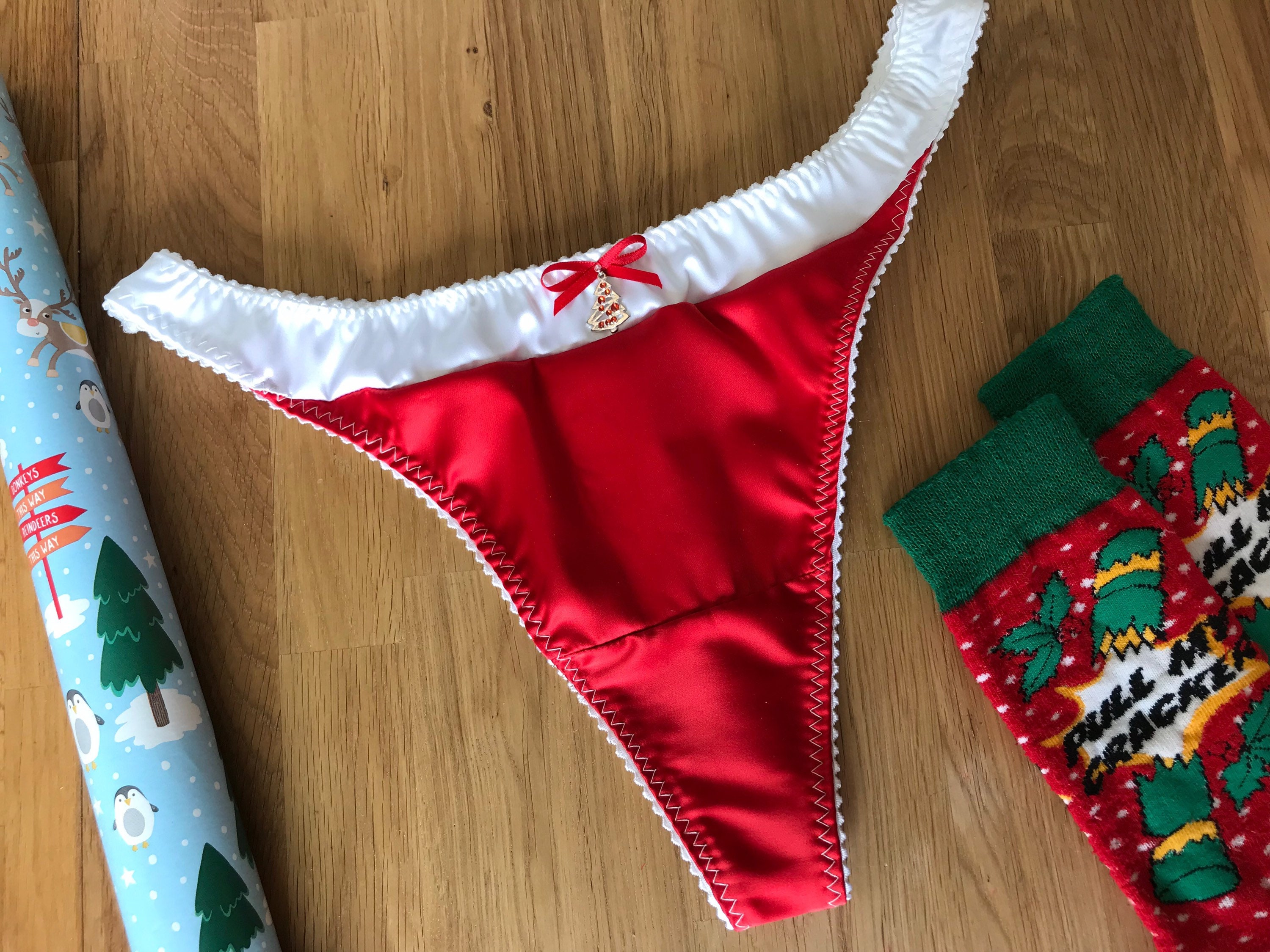 Santa Thong Red Satin Thong for Christmas With White Satin - Etsy UK