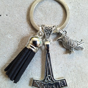Thor's Hammer Keyring With Raven / Crow & Tassel, Viking Male Female ...