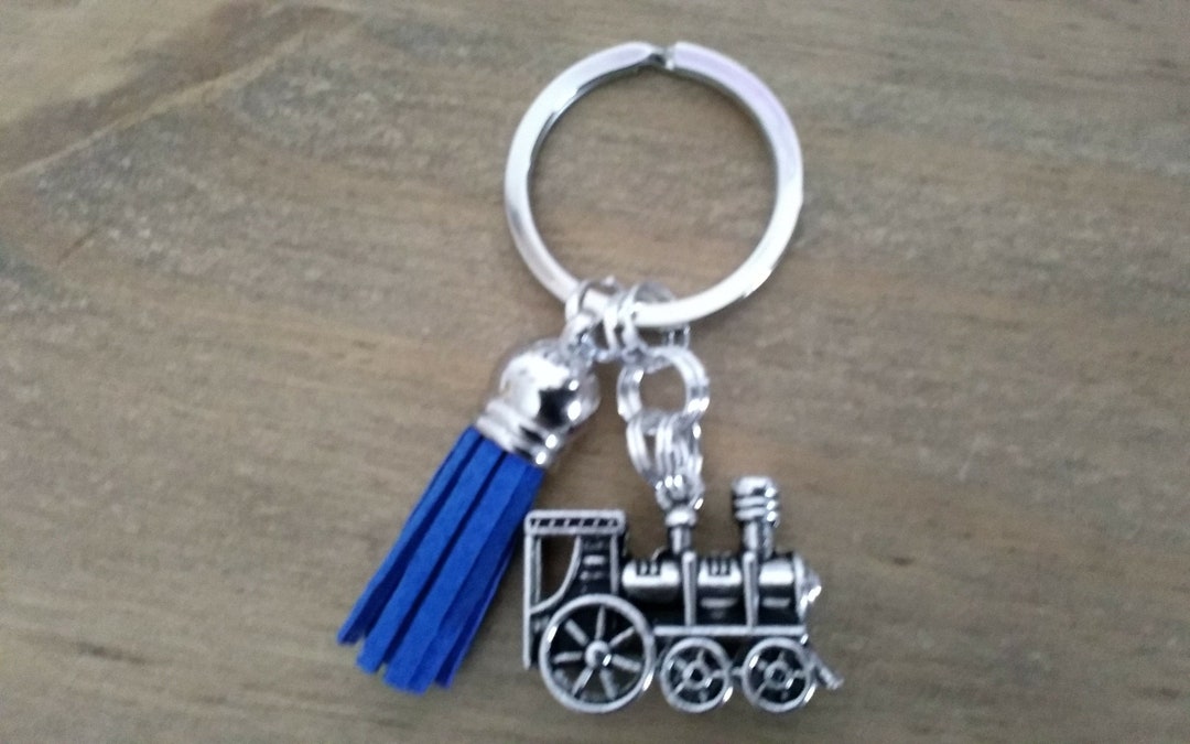 Steam Engine Train Key Chain With Blue Tassel, Mens Keychain ...