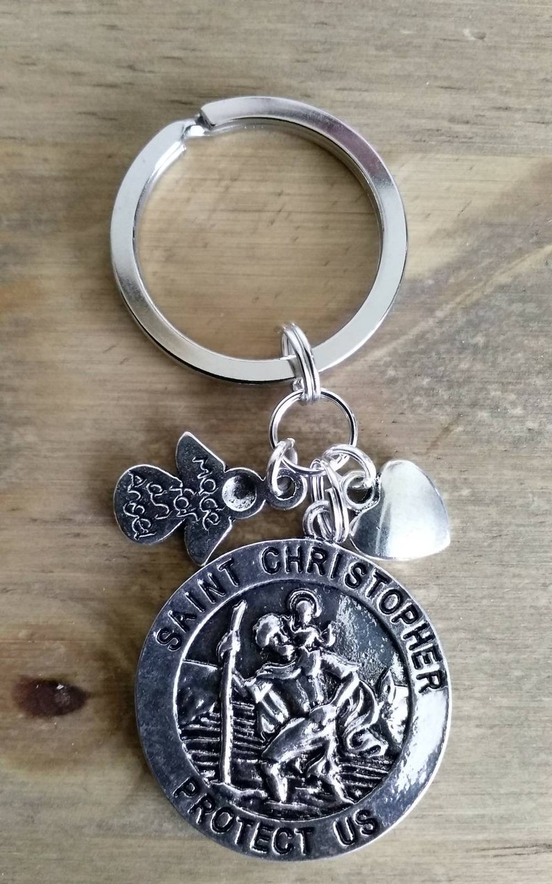Saint Christopher KEYRING keychain Guardian Angel Heart Patron | Etsy