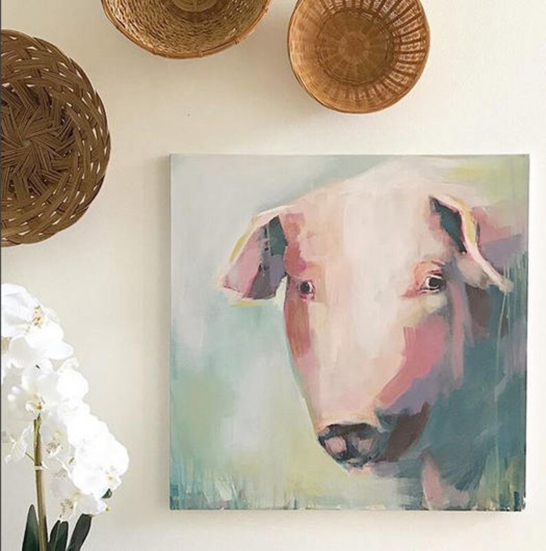 A Boho Whimsical Abstract Pig Painting in Pastels Acrylic Purple, Pink ...