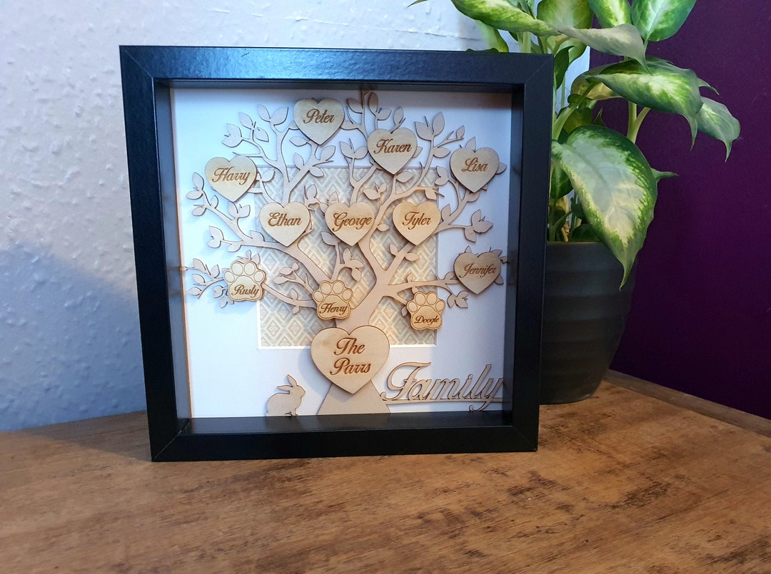 Family Tree With Engraved Wooden Hearts, Personalised Family Tree Frame ...