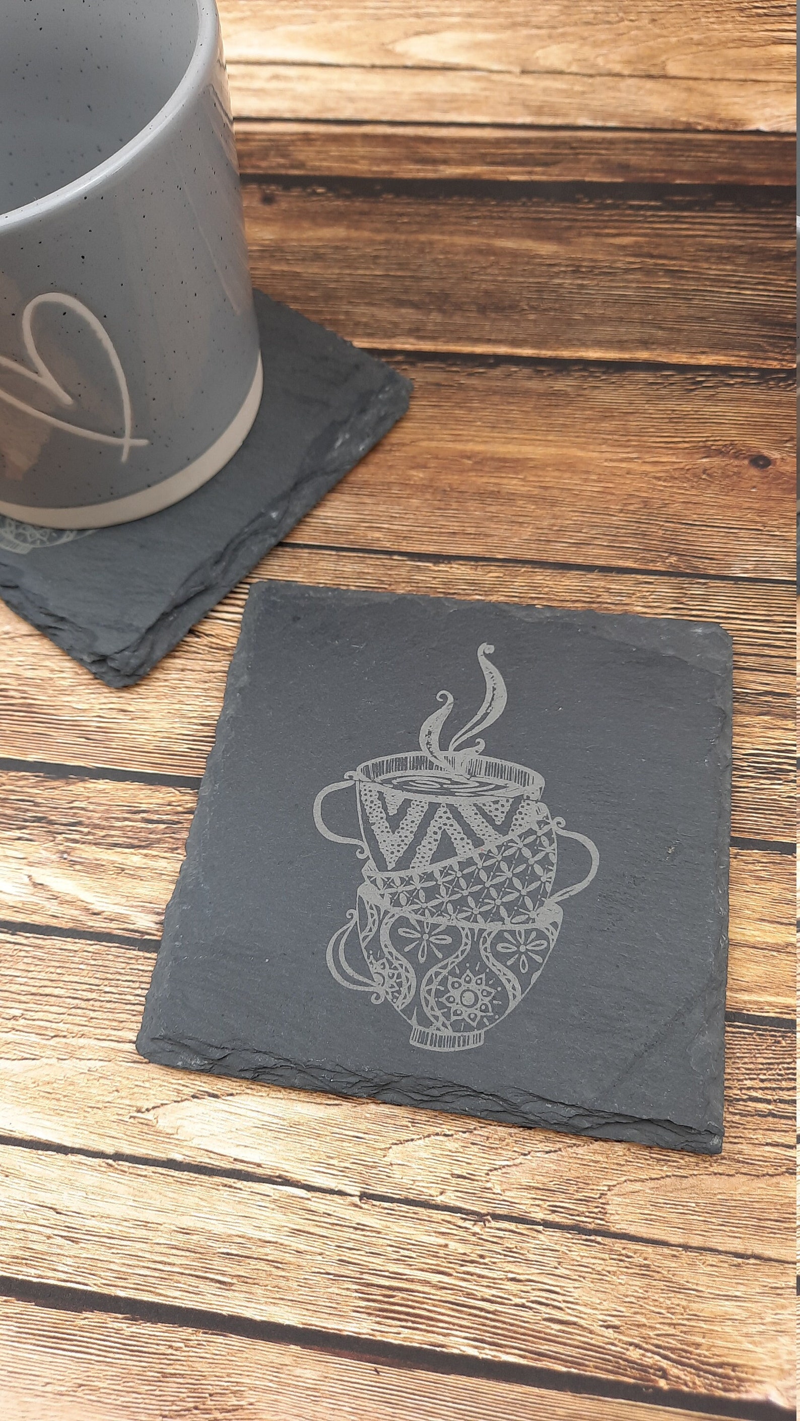 Ornate Teacups / Coffee Cup - Engraved Slate Coaster - Zentangle ...
