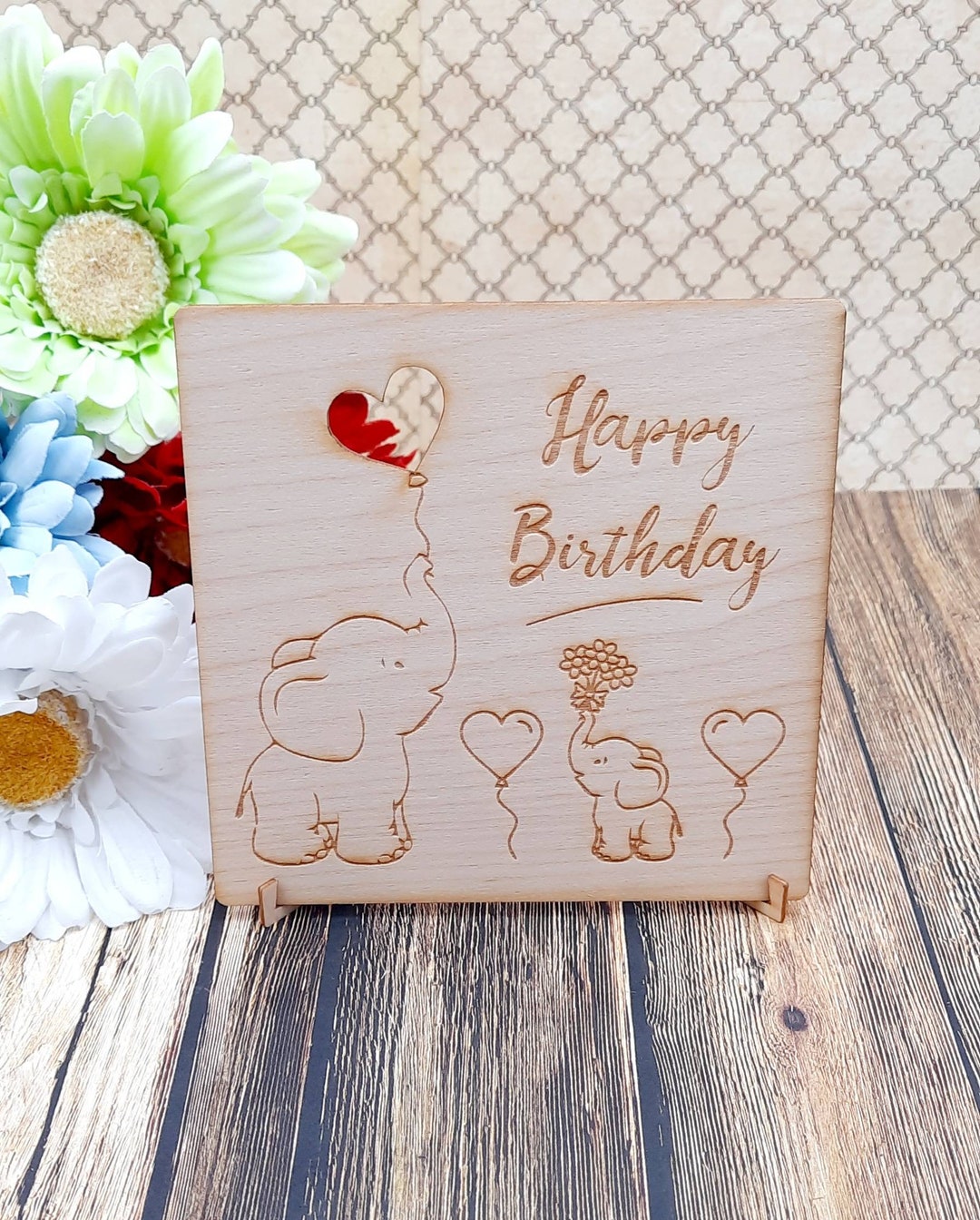 Elephant Heart Balloon Card - Personalised Wooden Card With Stand and ...