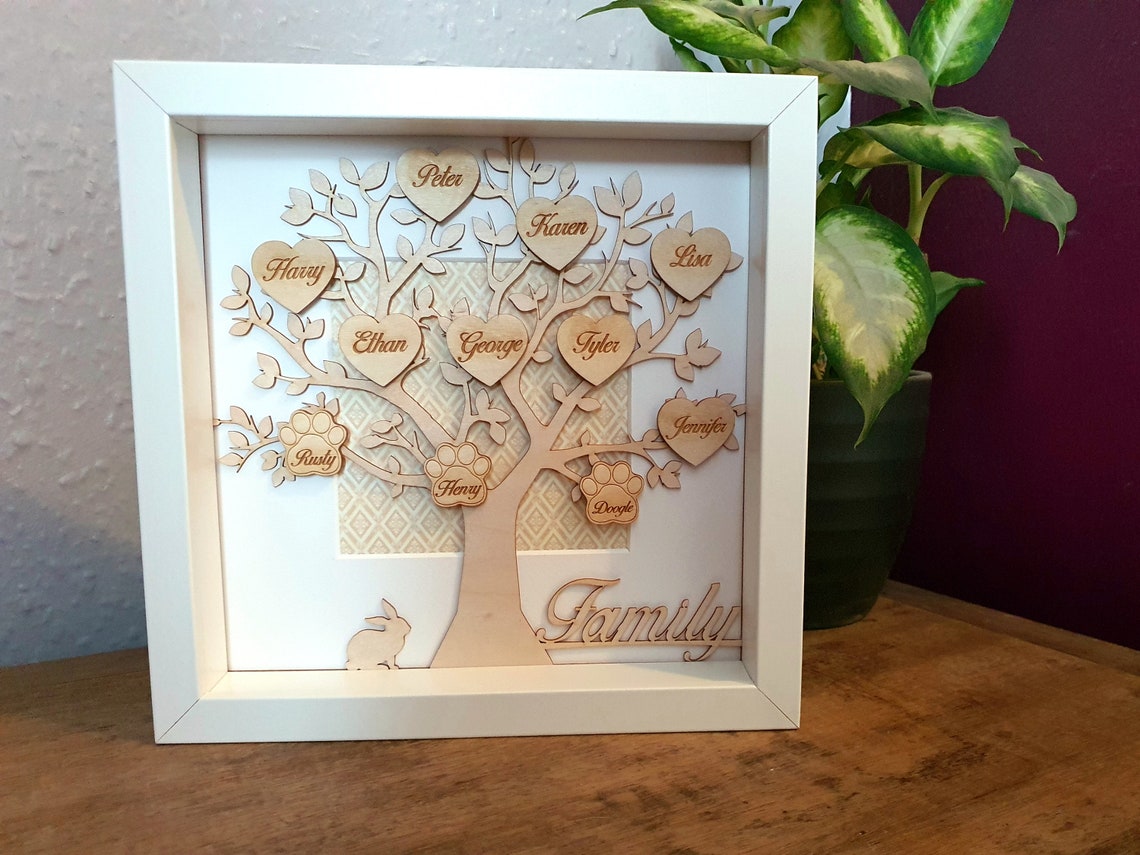 Family Tree With Engraved Wooden Hearts, Personalised Family Tree Frame ...