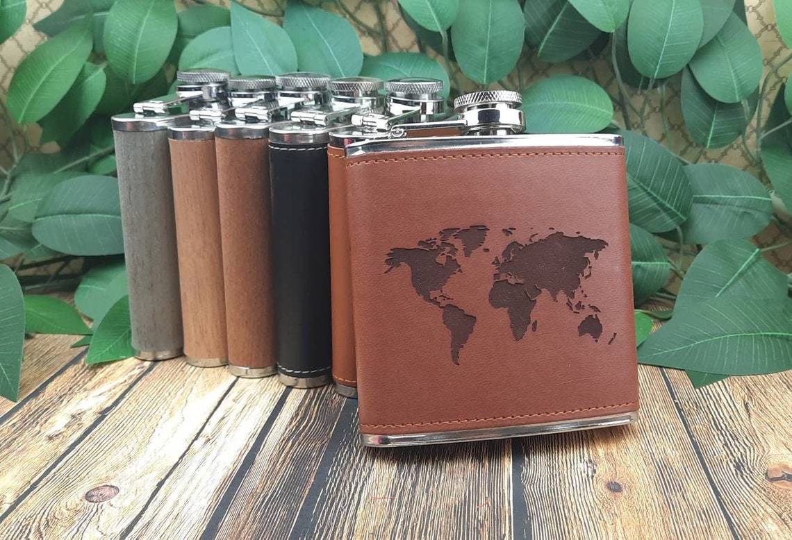World Map Leather & Wood Engraved 6oz Hip Flasks Travel - Etsy