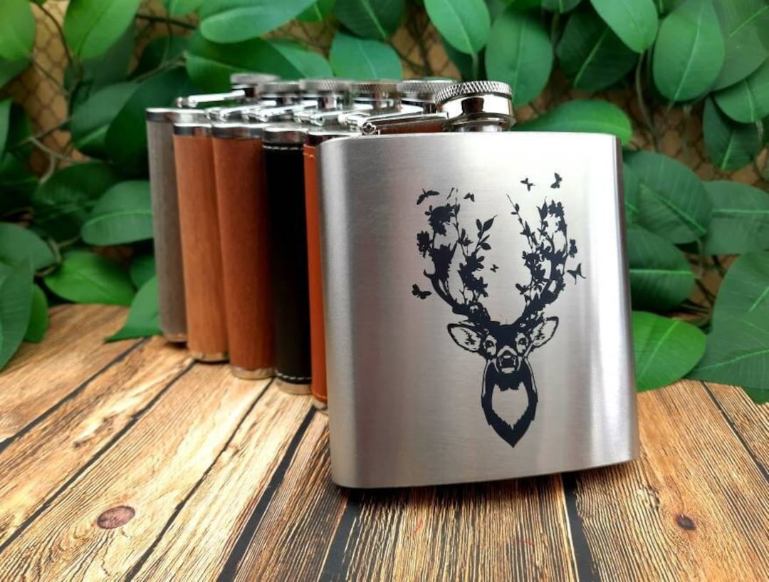 Stag With Flower Antlers - Metal & Wood Engraved 6oz Hip Flasks ...