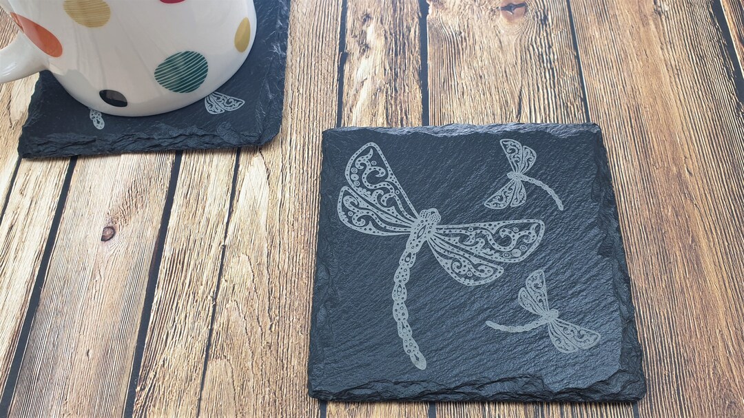 Dragonfly Pattern - Engraved Slate Coaster - Gift Ideas Black Grey - Etsy